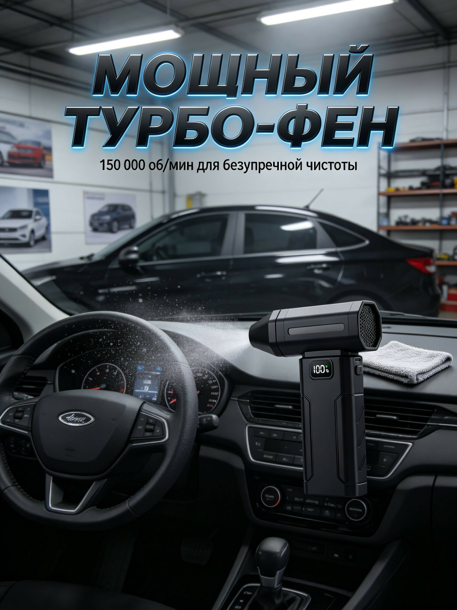 Портативный мощный фен-пылесос для авто, 150 000 об/мин, 5 скоростей, с аккумулятором 6000 мАч и компактным весом 237 г