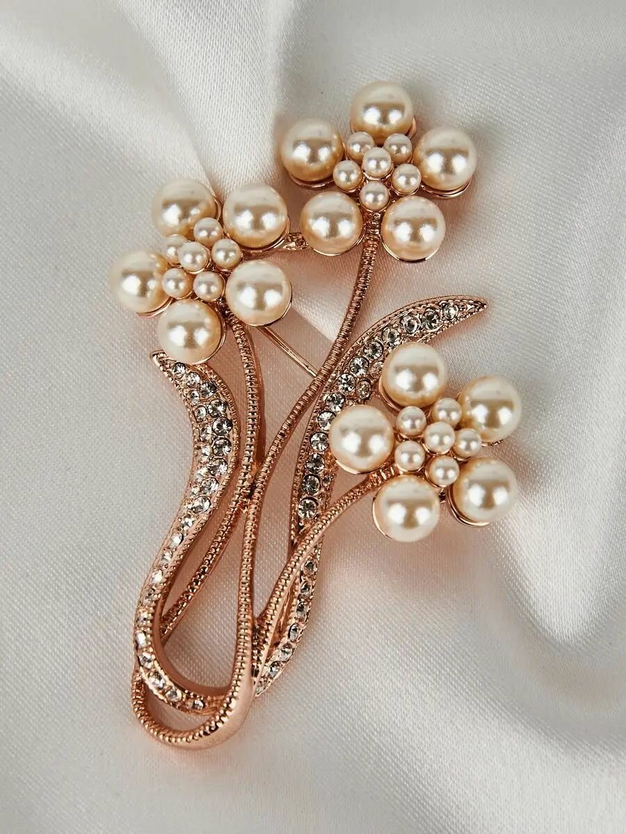 Брошь, жемчуг имитация, кристалл