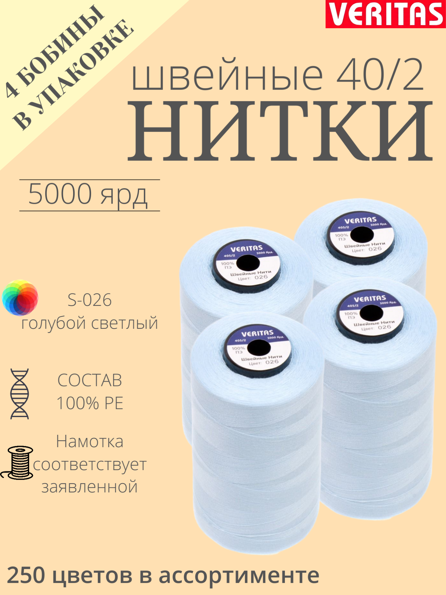 Нитки швейные 40/2 набор 4 бобины VERITAS S-026, намотка 5000ярд