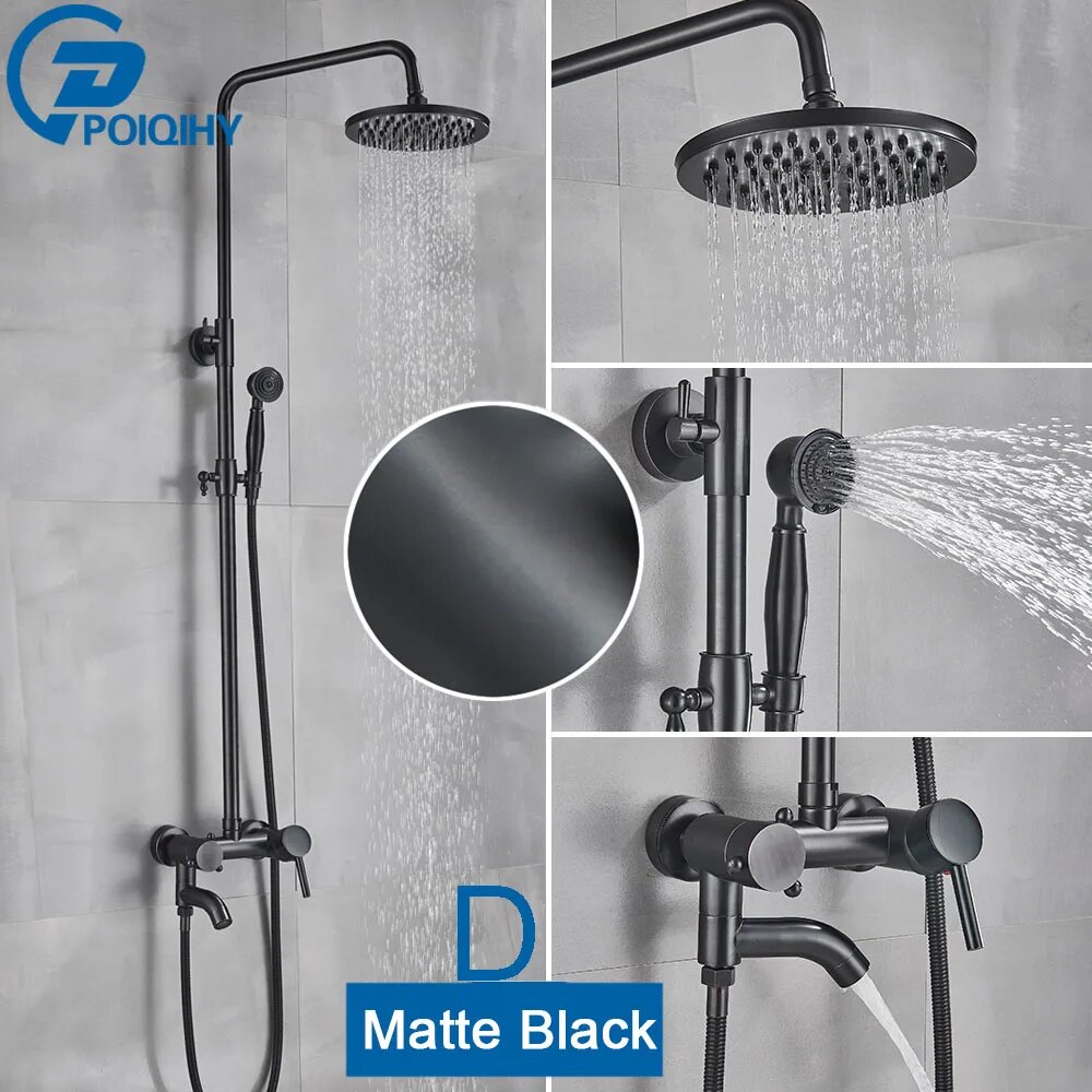 POIQIHY ORB Черный душевая кран для ванной комнаты в стене 8" Дождевый дус из латуня Комплект для душа Кран смеситель Водопроводной кран для ванны Комплект для душа Двух ручек - Матовый черный D pt