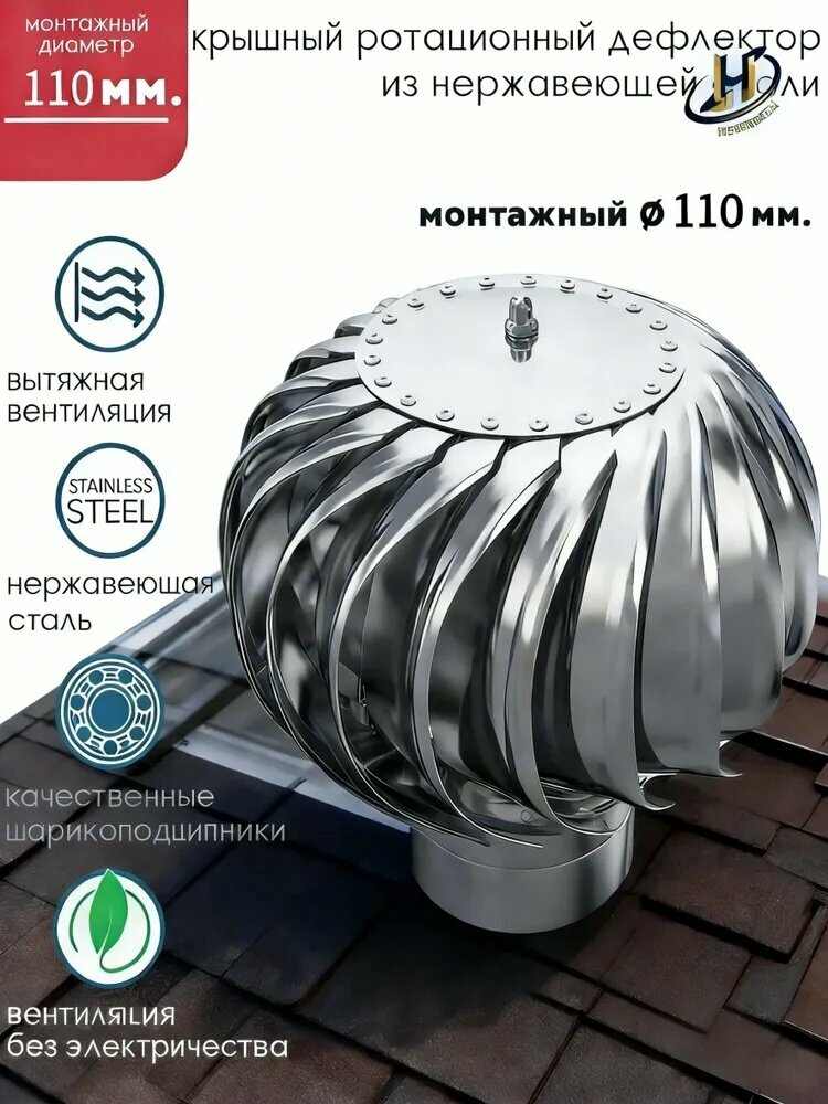 Дефлектор 110 мм для вентиляции, турбо-дефлектор нержавеющая сталь, на трубу 110 мм