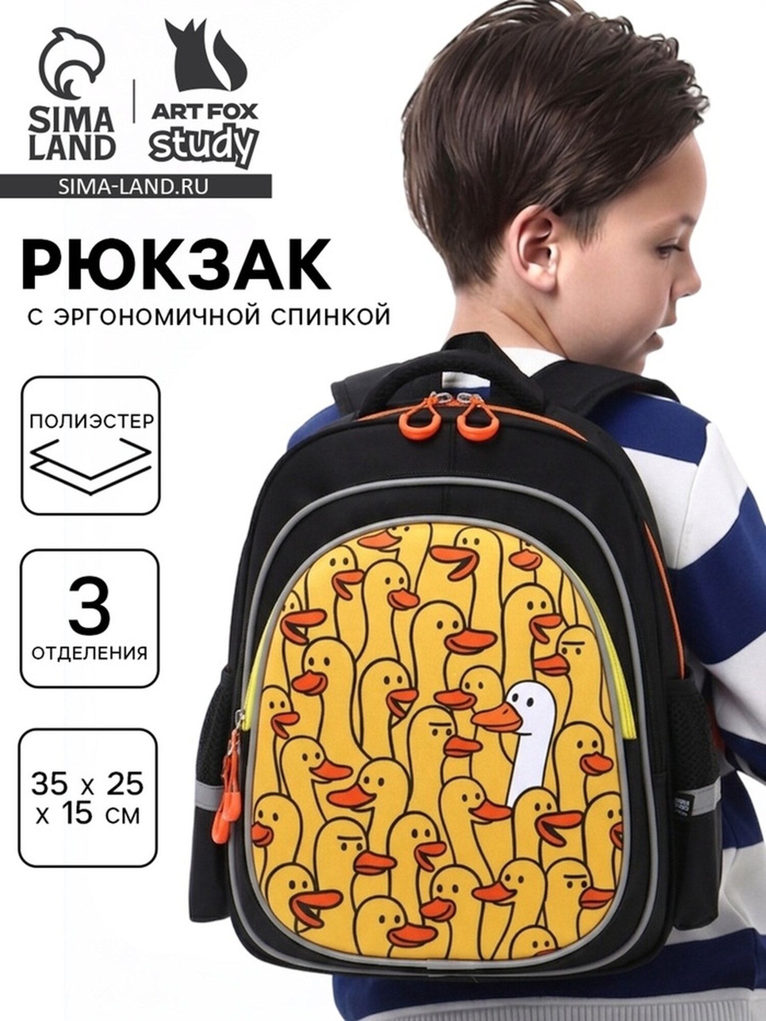 Рюкзак ArtFox "Гуси", 3 отделения, эргономичная спинка, полиэстер, чёрный