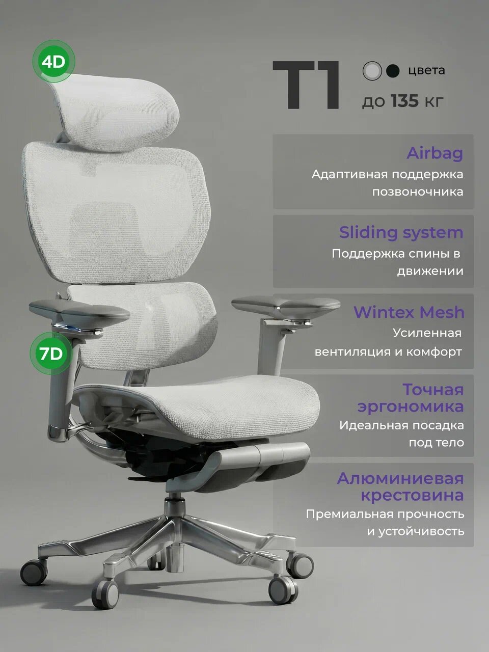 Кресло компьютерное эргономичное ортопедическое для дома и офиса Ergostul T1 Grey