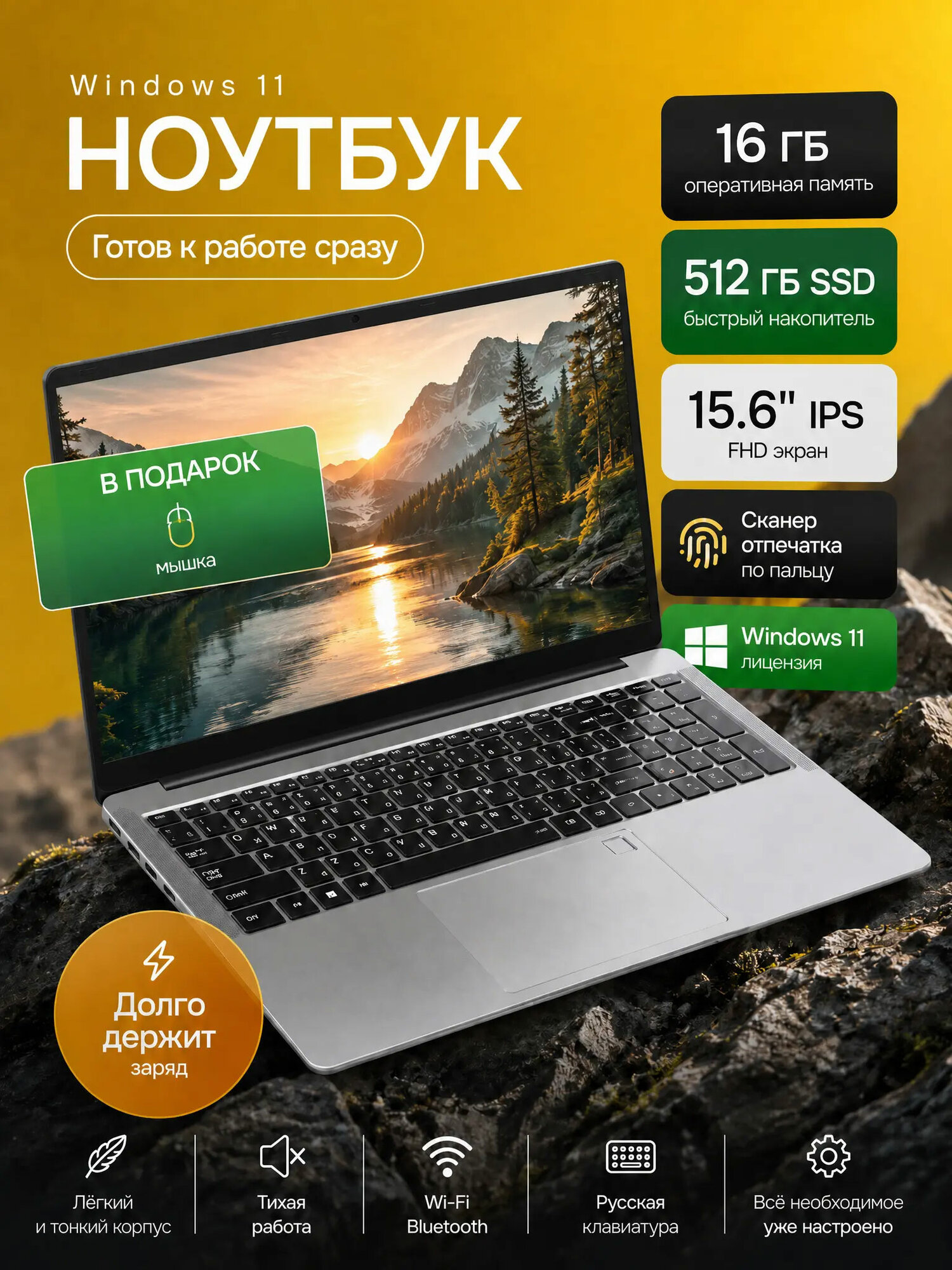 Лёгкий ноутбук для дома и офиса / IPS FHD / 16GB / SSD 512GB