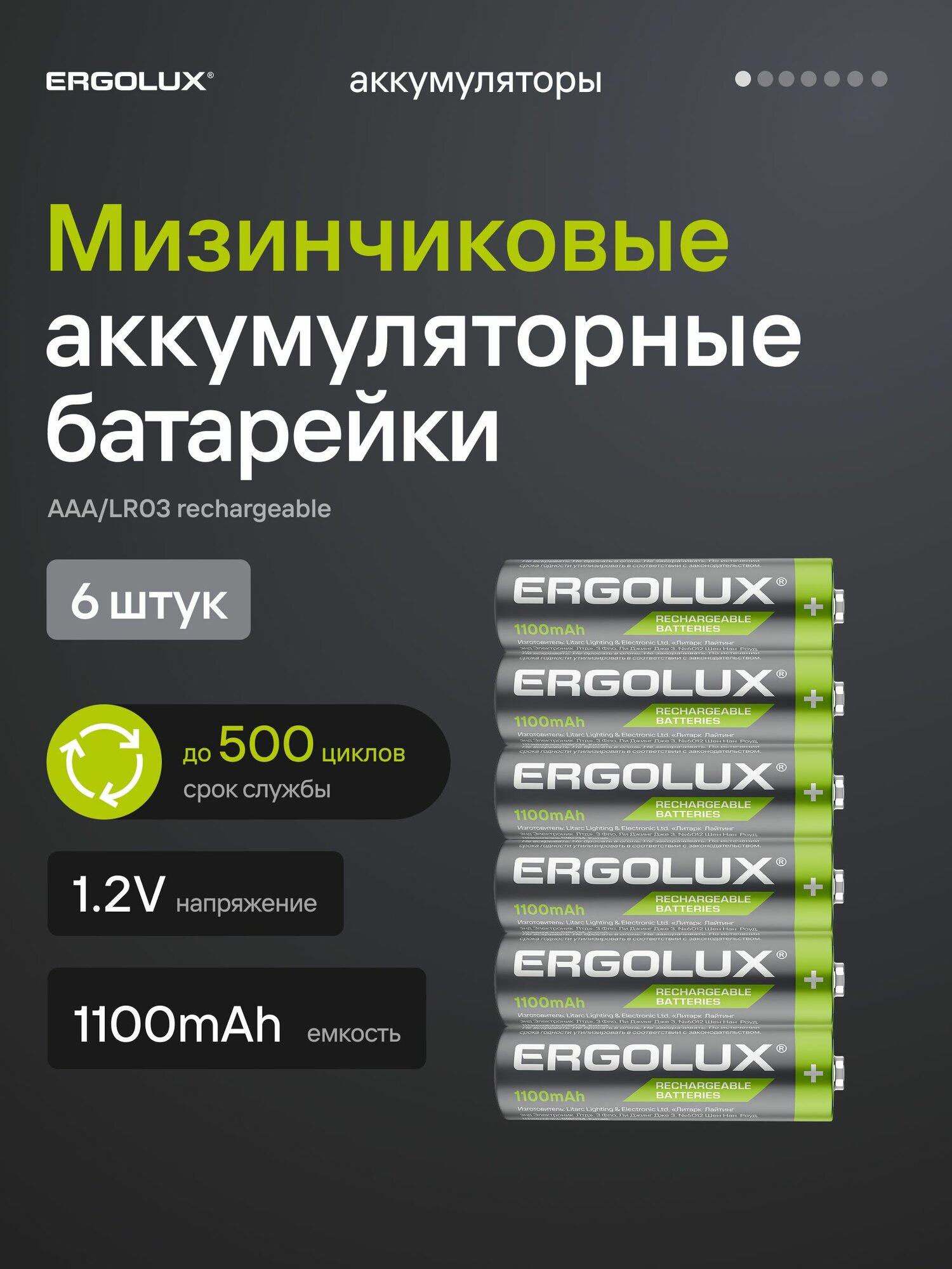 Аккумуляторные батарейки ААА Ergolux, 6 шт