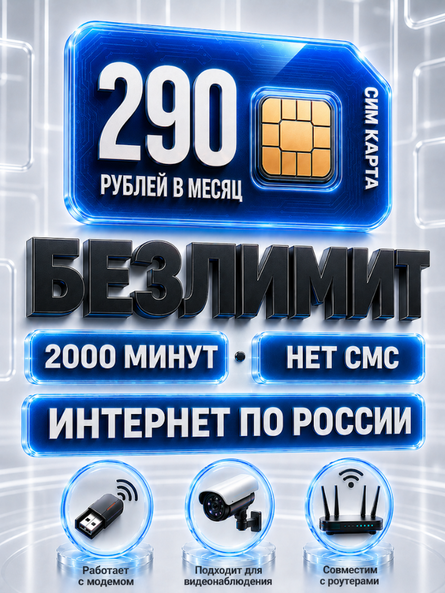 Сим карта Безлимитный интернет по РФ 290 рублей в месяц для мобильных модемов и роутеров 4G LTE YYOV2