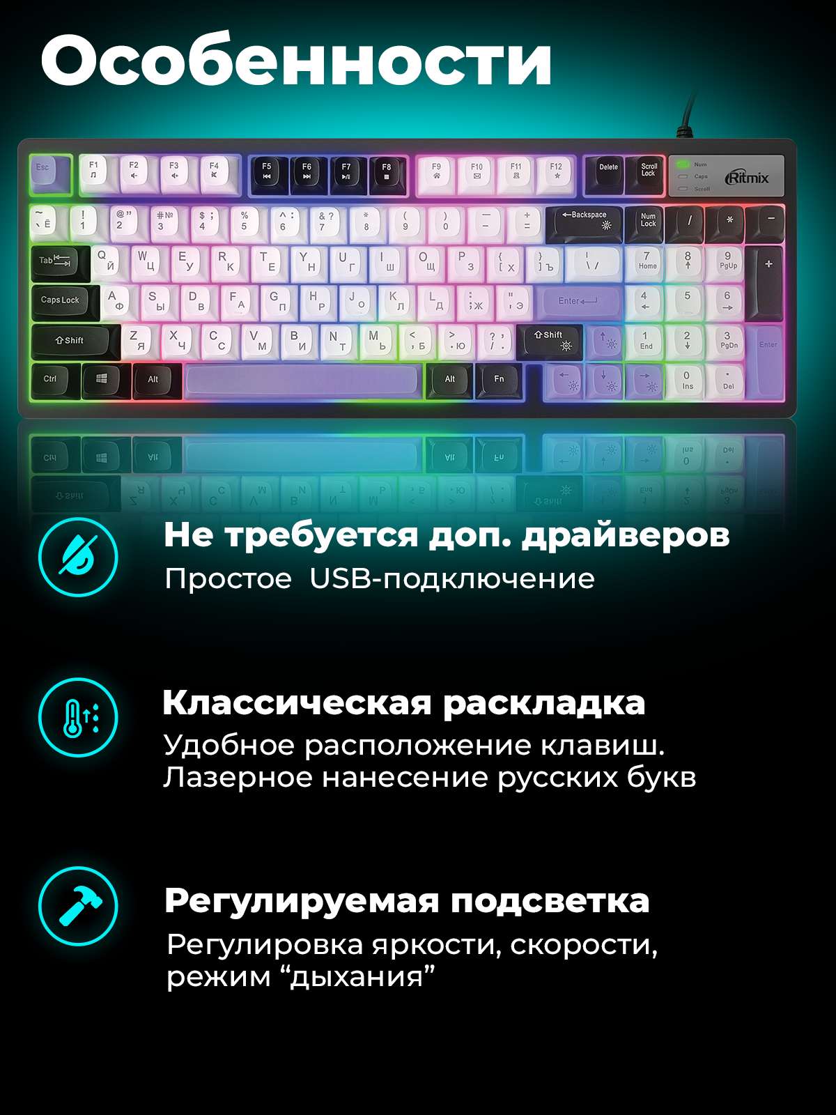 Клавиатура Ritmix RKB-401BL Black, проводная, мембранная, USB — фото 1