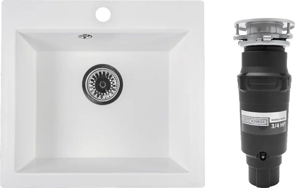 Комплект Мойка Reflexion Mini RX1150WH 50x46, белая, кварц / Измельчитель Bone Crusher BC 910-SL-Slim Line электрический, нержавеющая сталь
