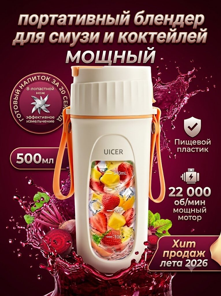 Портативный блендер беспроводной для смузи и коктейлей, 3 скорости с дисплеем, белый