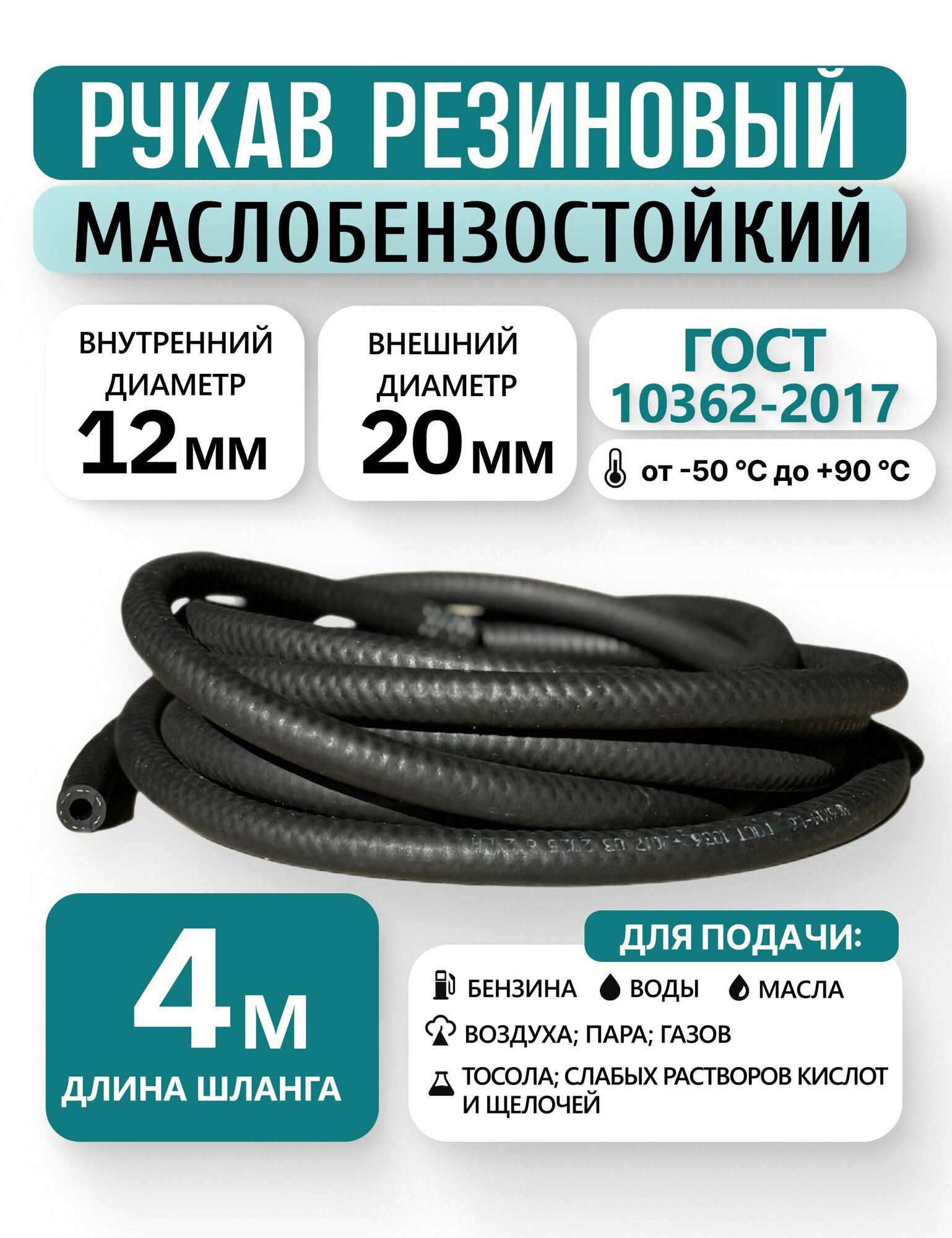Шланг топливный маслобензостойкий 12мм 20мм 4 метра ГОСТ10362-2017 1,6МПа