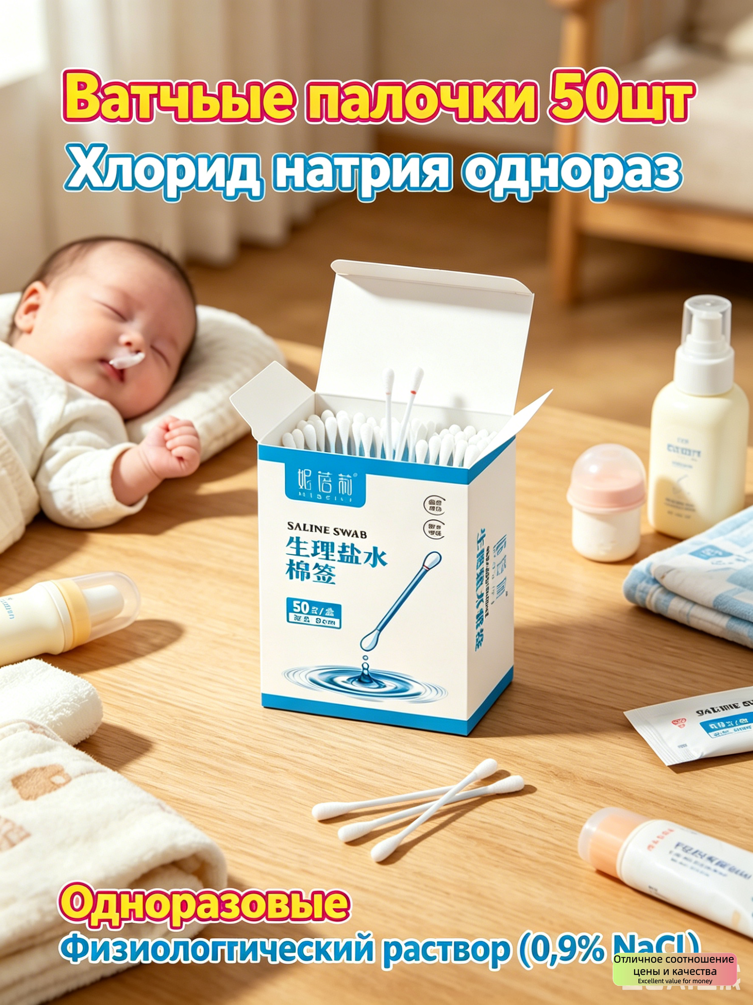 Ватные палочки, для носа, с хлоридом натрия, однораз, стерильные, 50 шт