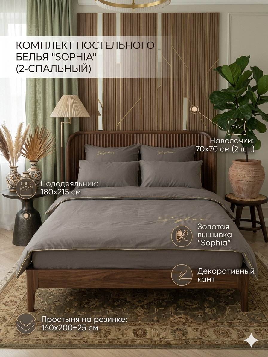 Постельное белье, 2-спальное, простыня с резинкой, цвет серый