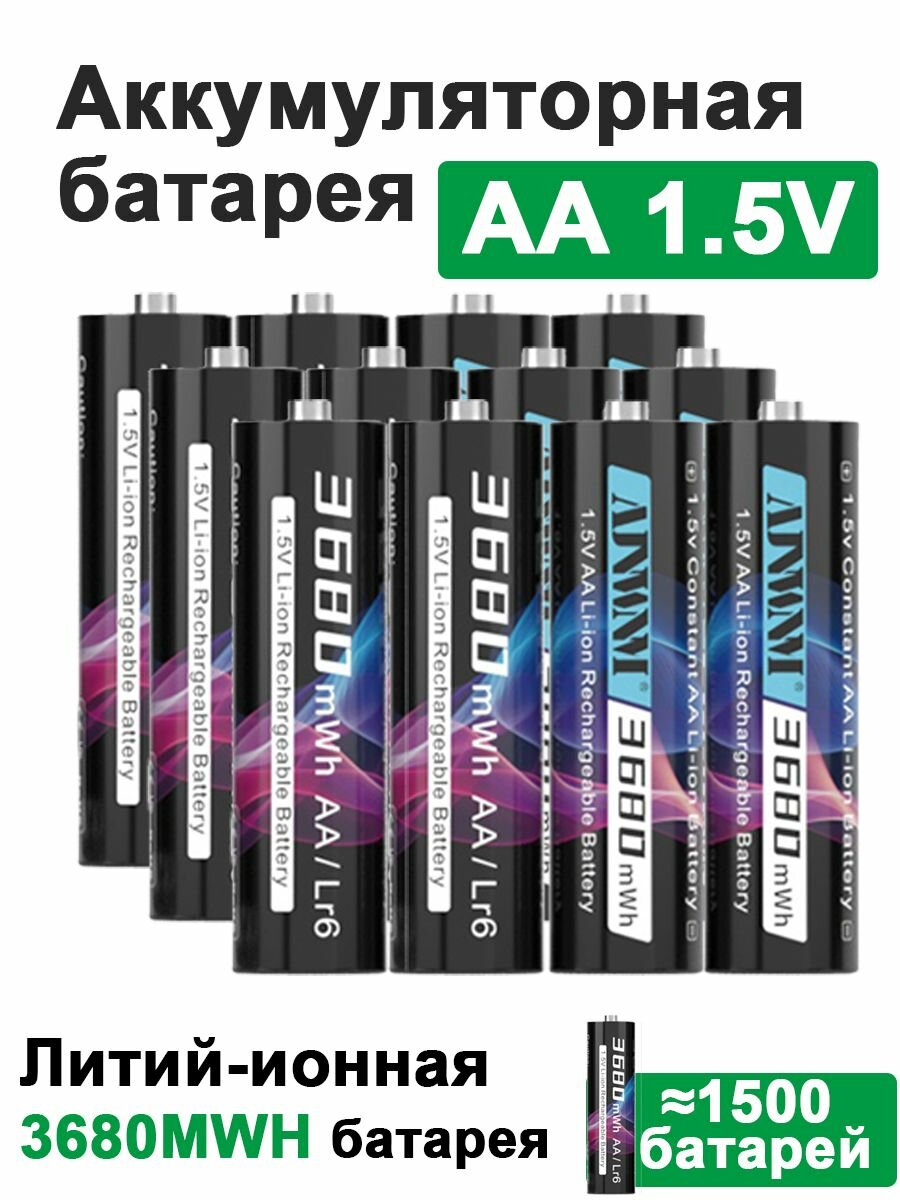 AJNWNM Аккумуляторная батарейка AA, 3680 мАч, 12 шт