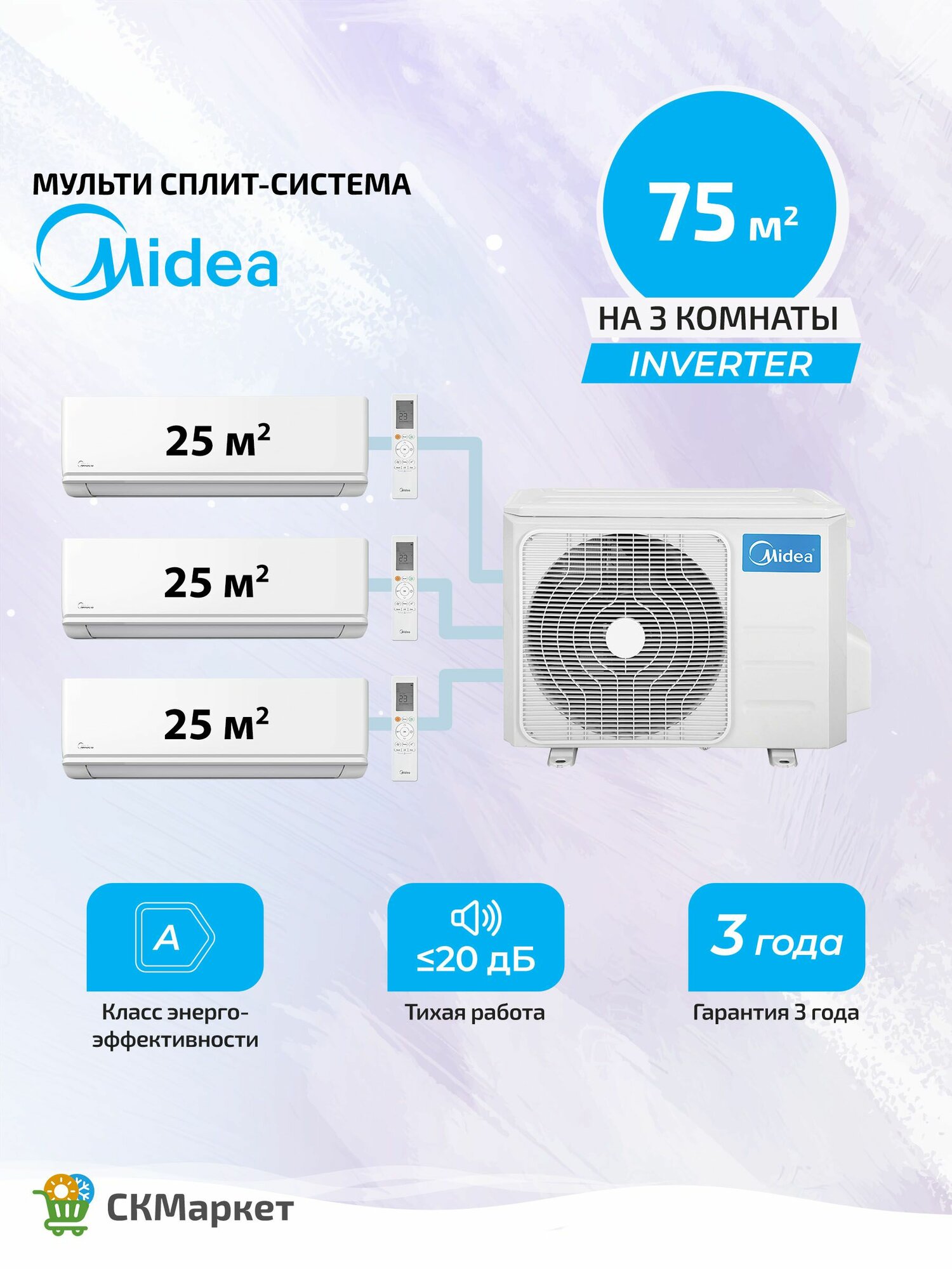 Мощная мульти сплит система кондиционер на 3 комнаты (25+25+25) кв. м. Midea Unlimited MMAG2-09N8D0-Iх3/M3OA-27HFN8-Q1, для помещений 80 кв. м, кондиционер инверторный белого цвета