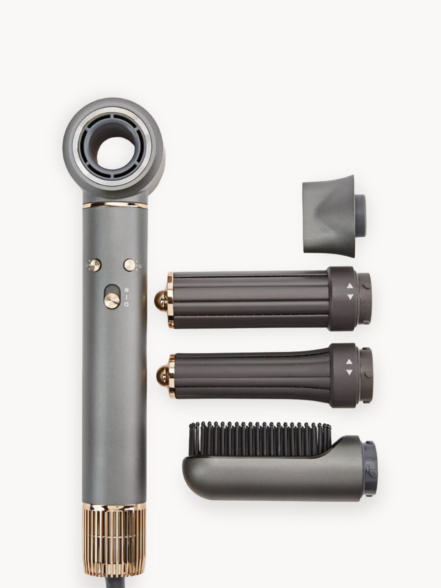 Стайлер для волос Gecht профессиональный фен с 5 насадками для укладки и локонов, стайлер 5в1, ионизация, BLDC, серый