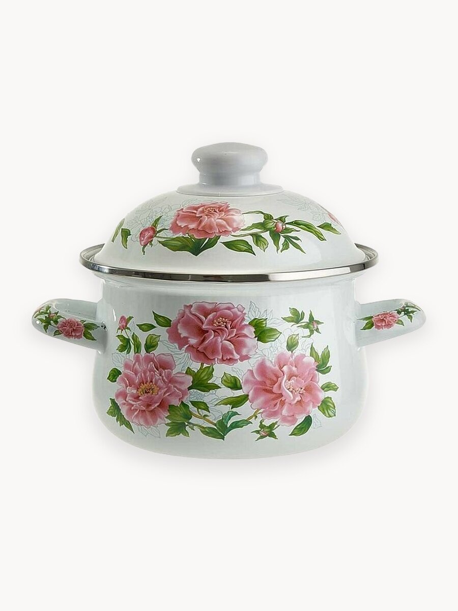 Кастрюля MetaLLoni EM-1501 "Пионы" эмалированная с эмалированной крышкой, 2 л