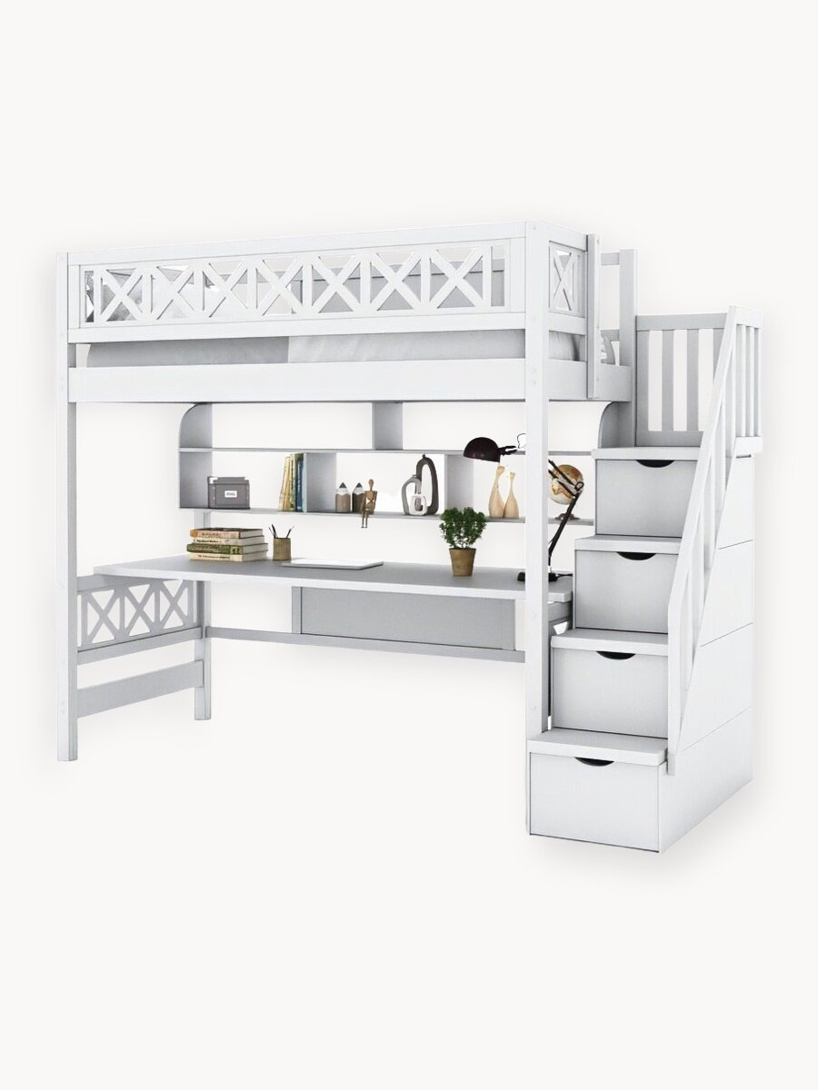 Кровать-чердак Прованс №1, спальное место 90х200, столешница и полка, цвет Беленый дуб.