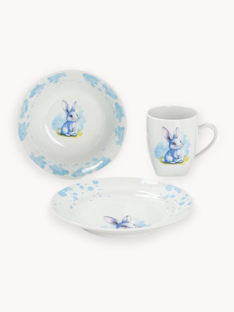 Набор детской посуды Подарочный Дулевский фарфор «Зайка», 3 предмета: тарелка 175 мл, миска 360 мл, кружка 210 мл, белый