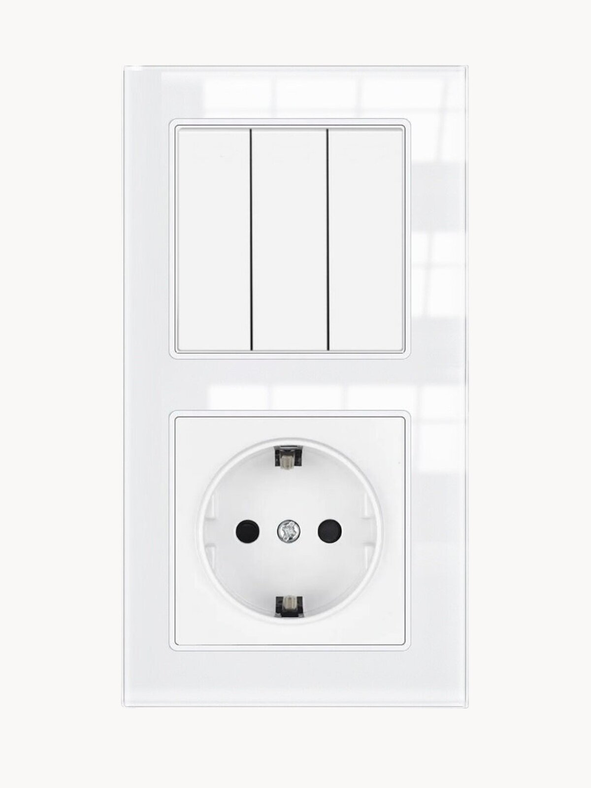 Блок розетка с трехклавишным выключателем в одном корпусе (Проходной), рамка стекло, цвет белый.
