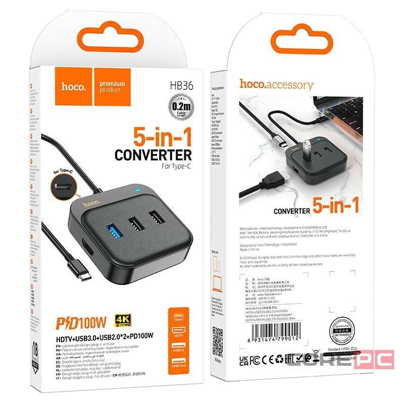 Кабель-переходник Hoco HB36 Type-C на HDMI/USB3.0/USB2.0/USB-C 0.2м черный