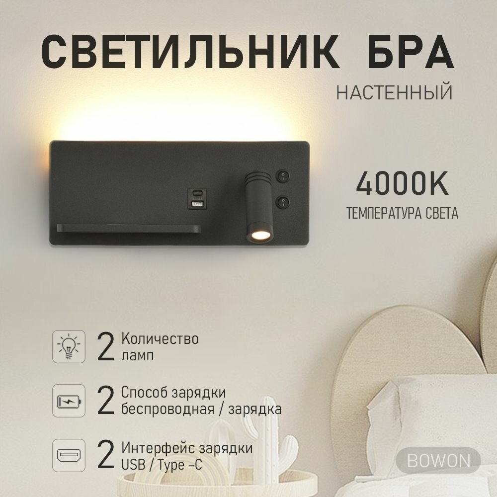 BOWON Светильник настенный бра прикроватный для чтения с беспроводной зарядкой и USB Type-C, черный, правый