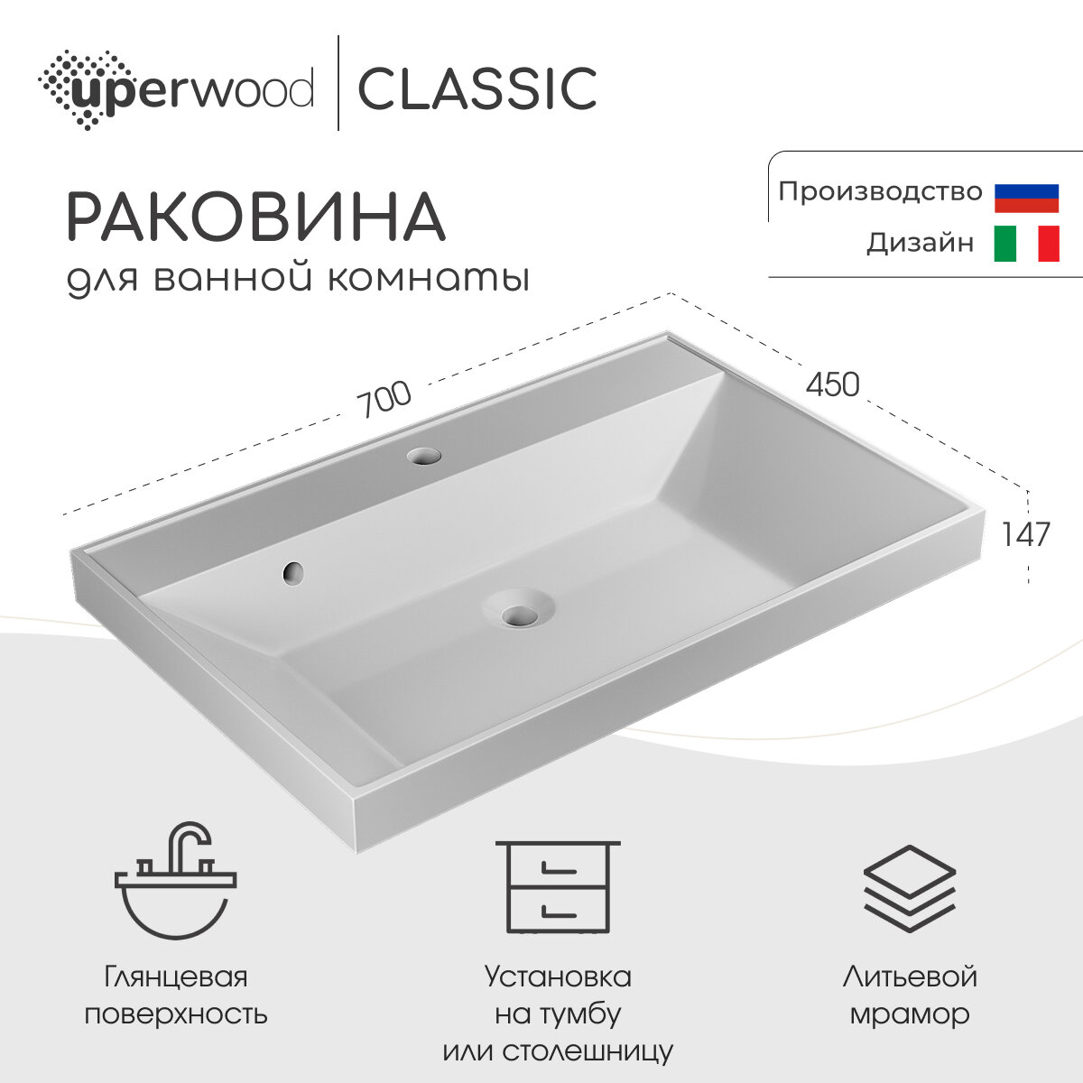 Раковина для ванной Uperwood Classic 70 см, белая глянцевая