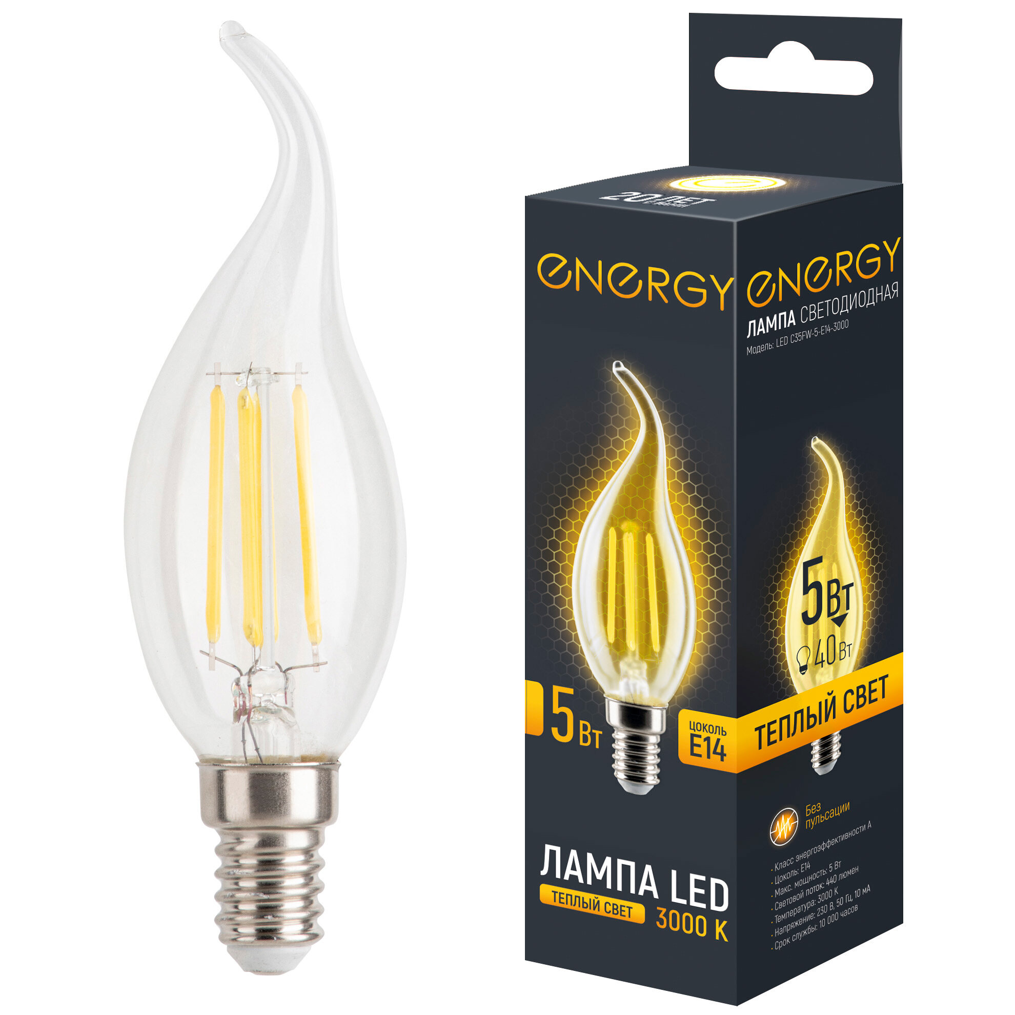 Лампа светодиодная Energy LED С35FW-5-E14-3000, теплый свет, 5Вт