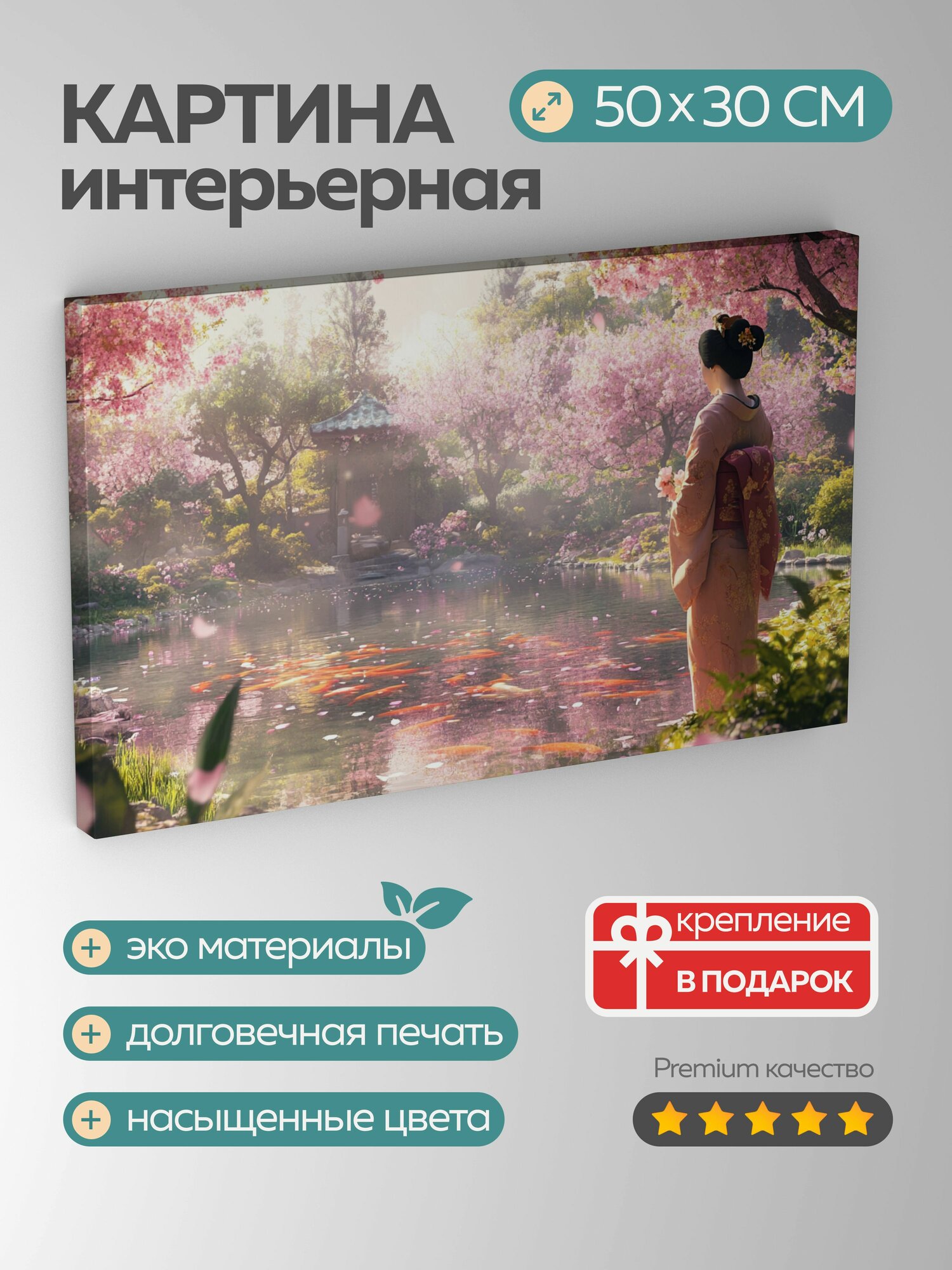 Картина на холсте интерьерная 50х30 см, Японский сад, вишневые деревья, гейша, розовые лепестки, пруд с карпами