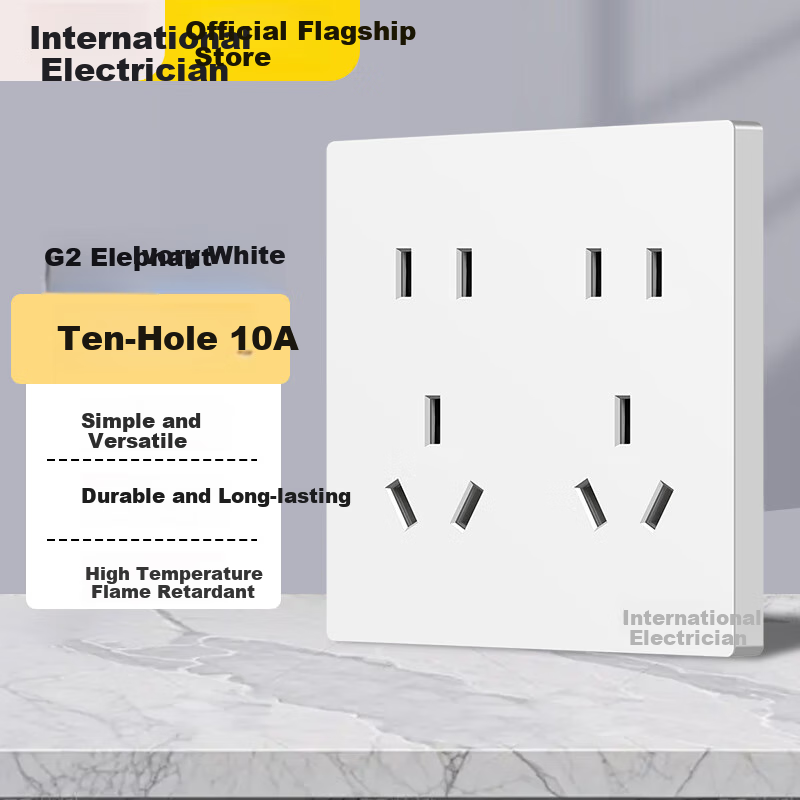 FDD Switch Socket 10A Ten-Hole Socket Two-Way Five-Hole 86-Type Concealed Socket Panel Ten-Hole 10A White