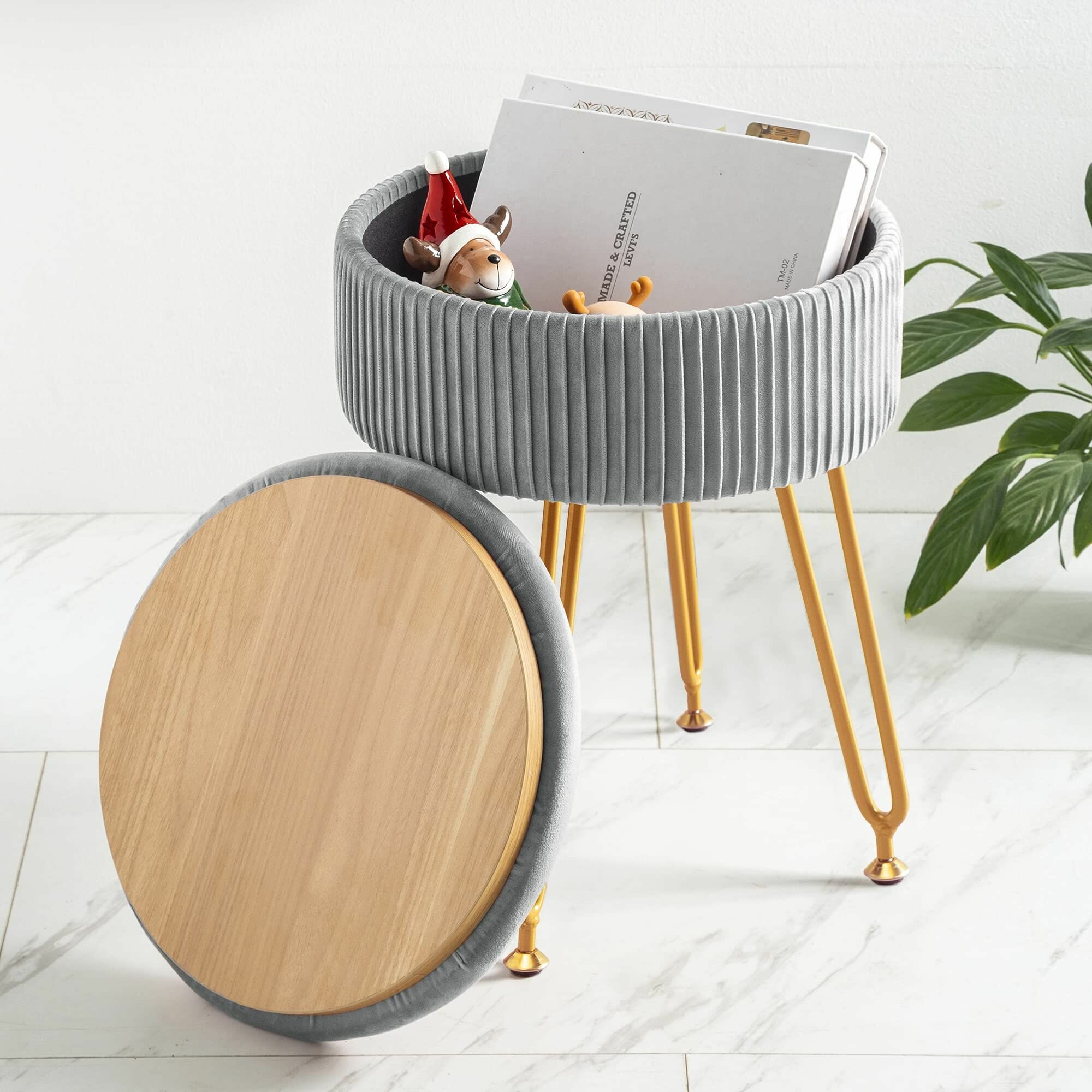 Бархатная оттоманка для хранения Foot Rest Makeup с 4 металлическими ножками Стул для хранения и оттоманки, 33*33*42.4CM