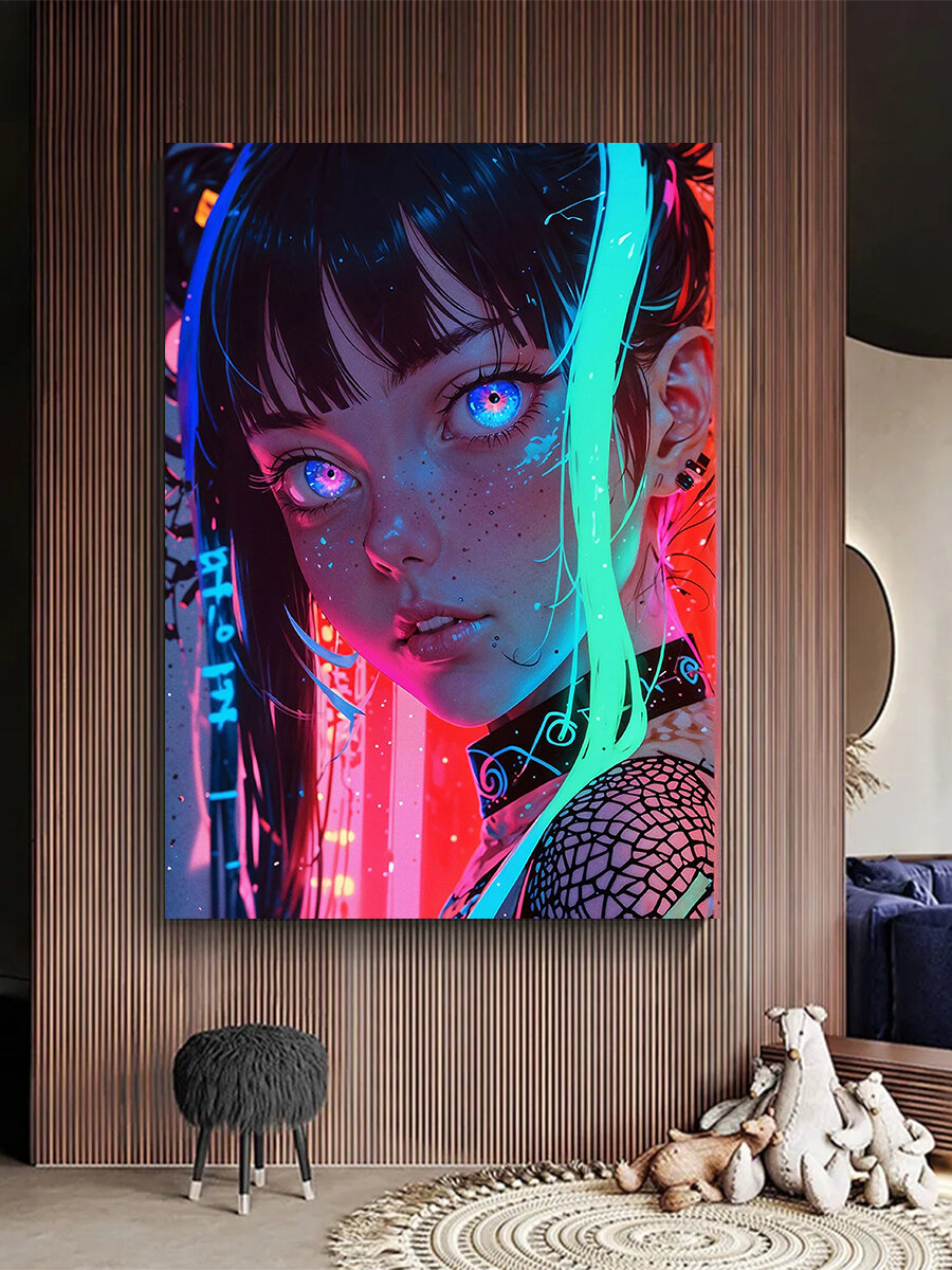Картина на стену для интерьера - "Девушка аниме хентай неон" , 20х30 см.