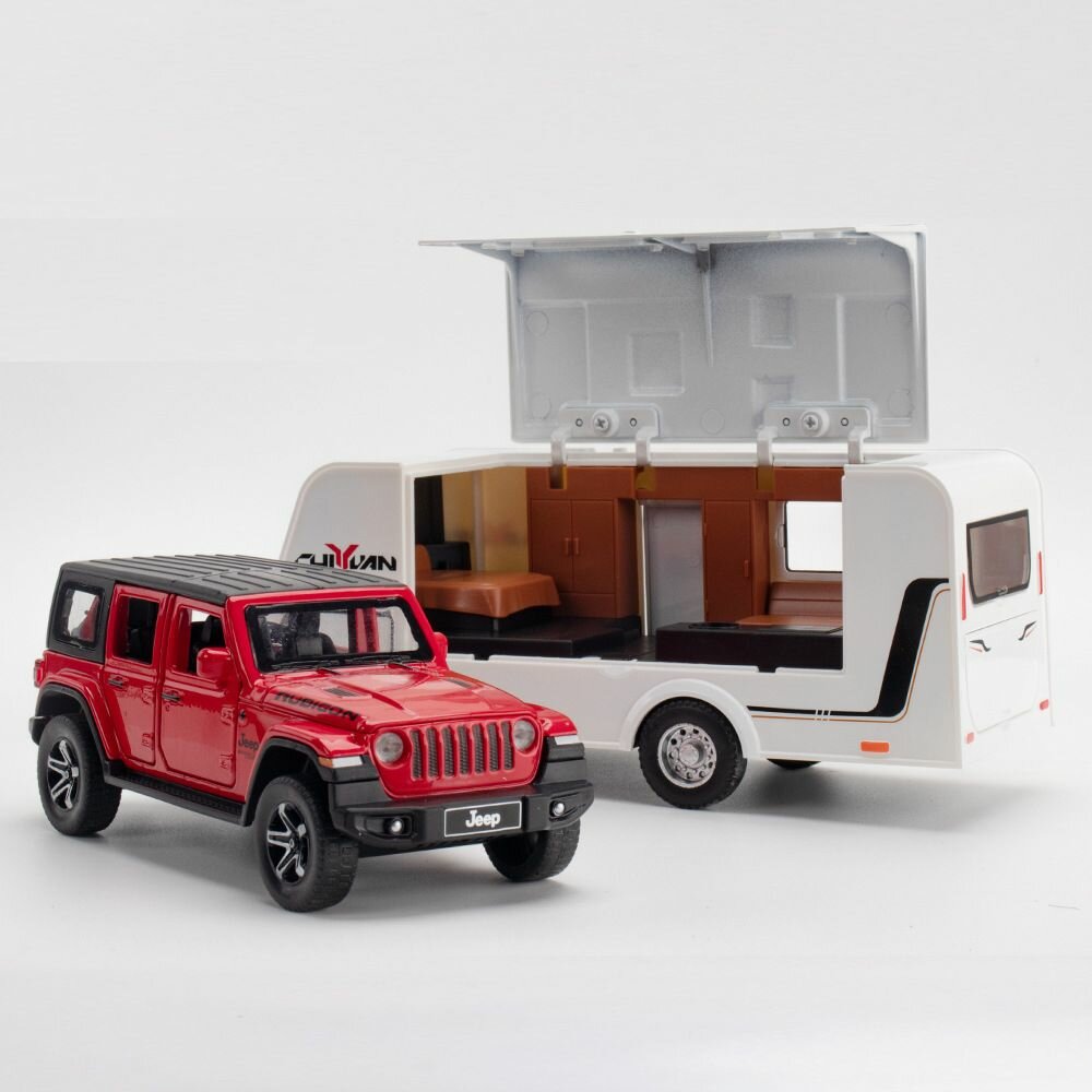 Машинка металлическая Jeep Rubicon 1:32 с прицепом, Коллекционная модель машины для взрослых, Игрушечный автомобиль с звуковыми и световыми эффектами для детей