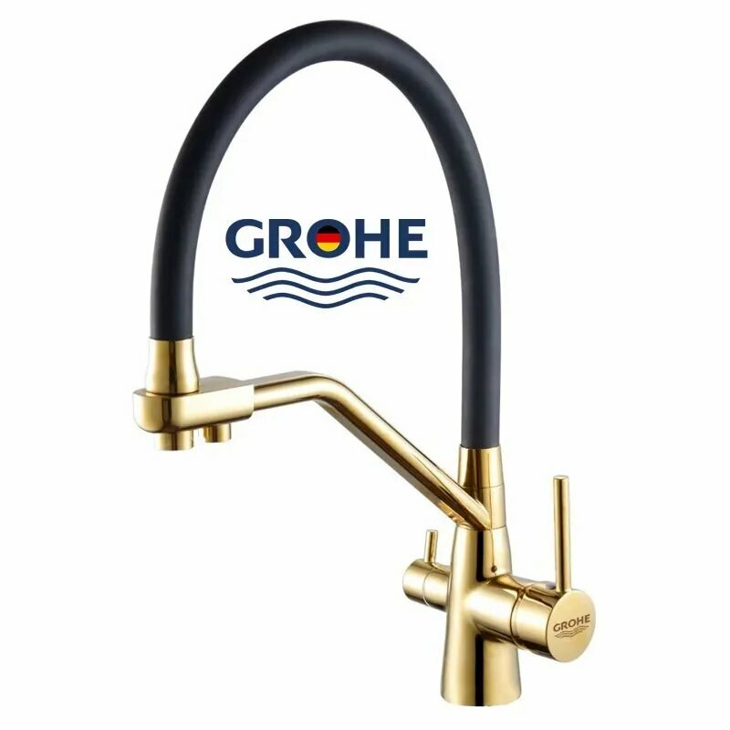 Смеситель GROHE, для кухни и питьевой воды, с поворотным изливом, глянцевое покрытие, цвет титановое золото