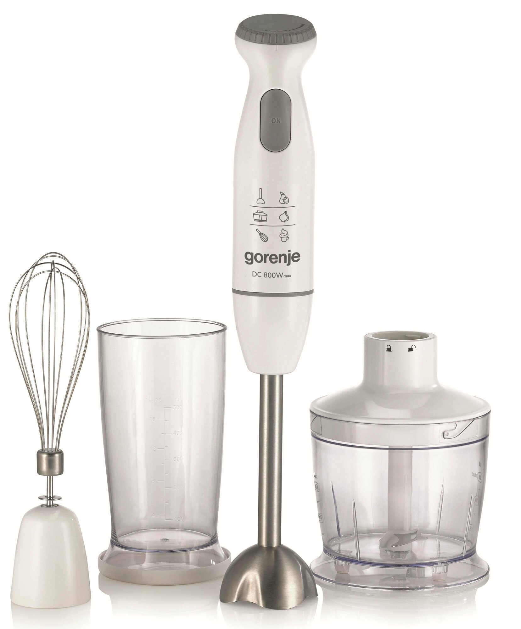 Блендер Gorenje HBC804QW (800 Вт/ плавное переключение скоростей/ венчик, измельчитель, стакан)