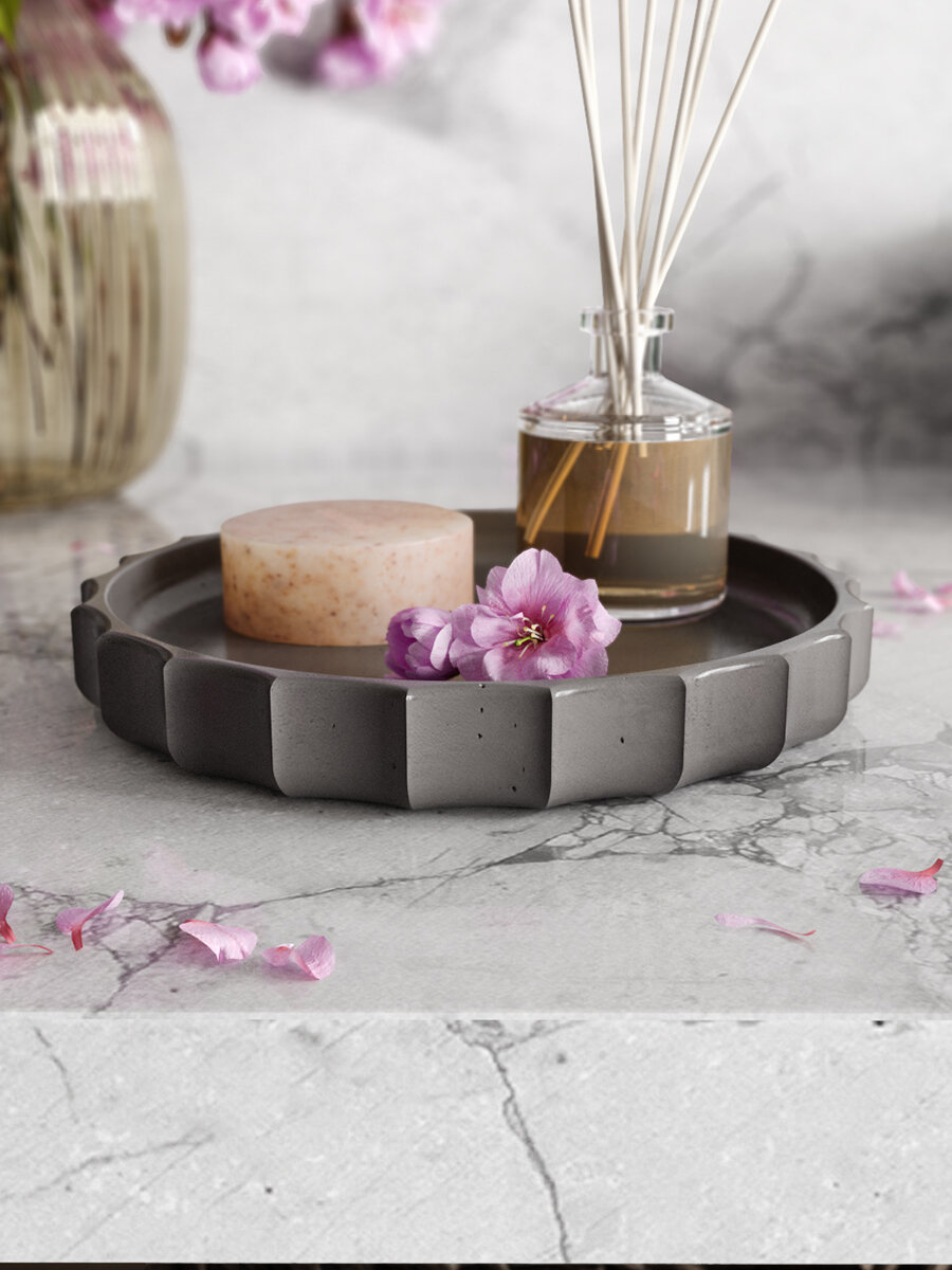 Поднос для ванной, подставка для косметики, 17х17 см. темно-серая глянцевая.