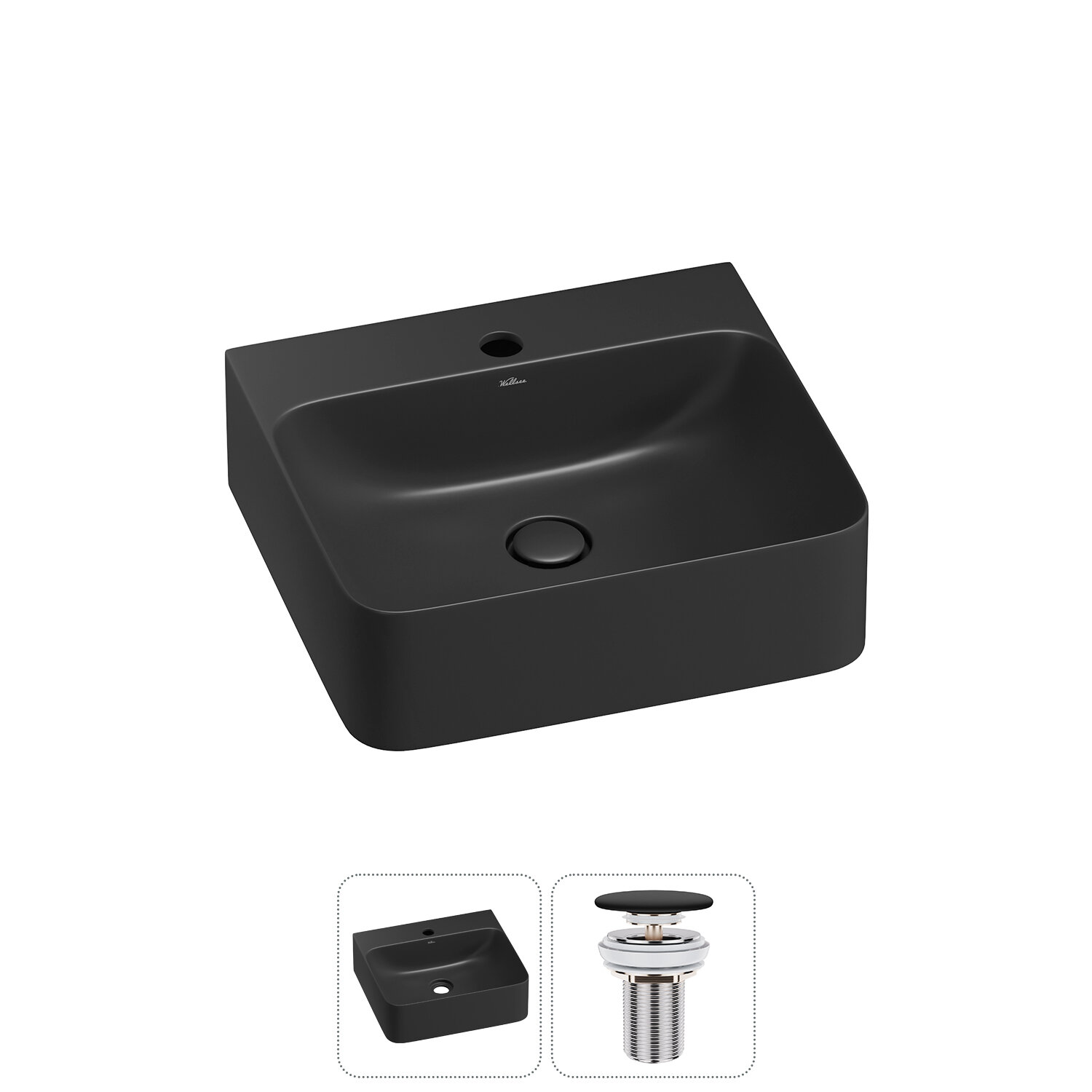 Подвесная или накладная раковина в ванную комнату Wellsee Clermont 302607000 в наборе 2 в 1: раковина 43 см в цвете матовый черный, донный клапан