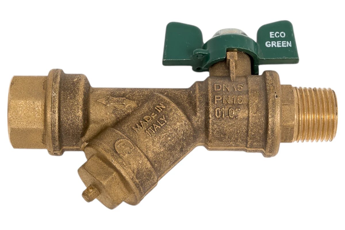 Bugatti кран шаровой для воды с фильтром Eco Valve Rp1/2' x R1/2' DN15 PN20 743G 0743G04