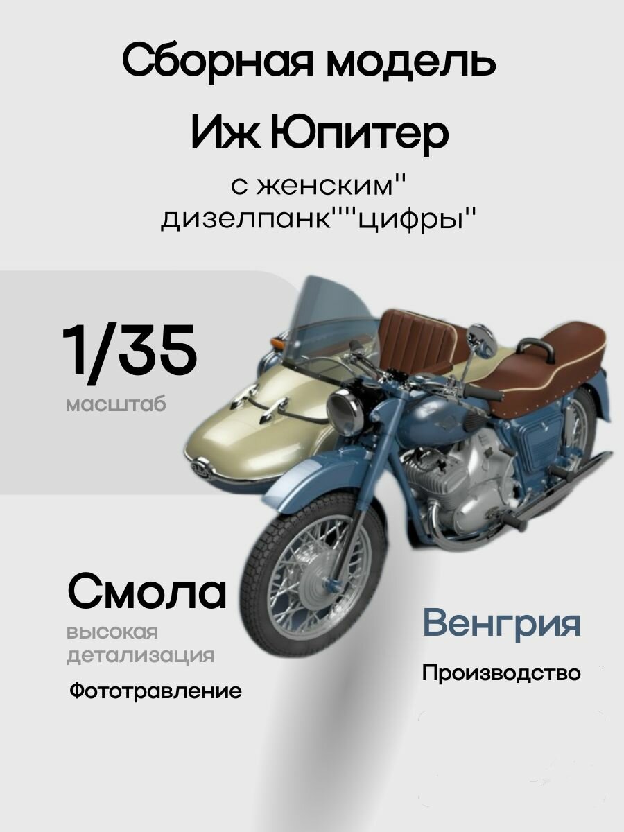 Сборная модель мотоцикла Иж Юпитер, 1/35 с женским "дизелпанк" "цифры"