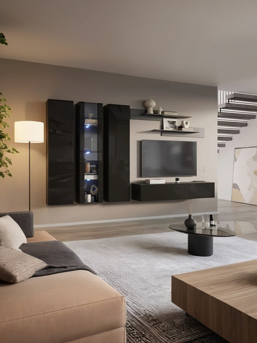 Стенка для гостиной POINT-К12B, модульная гостиная, тв тумба подвесная, Черный Глянец, 360х170х40 см. (ШхВхГ)