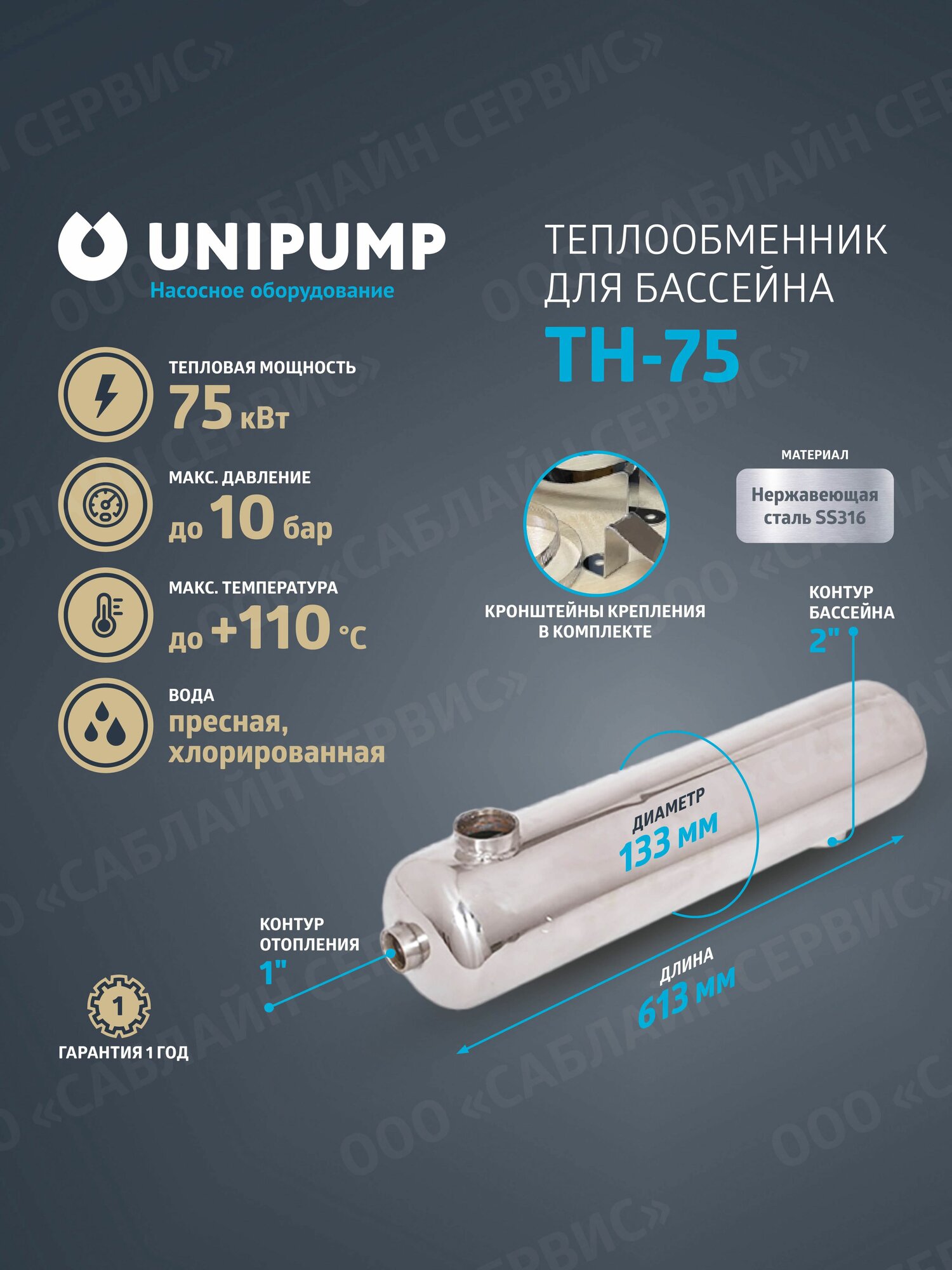 Теплообменник для бассейна UNIPUMP TH-75 (2")