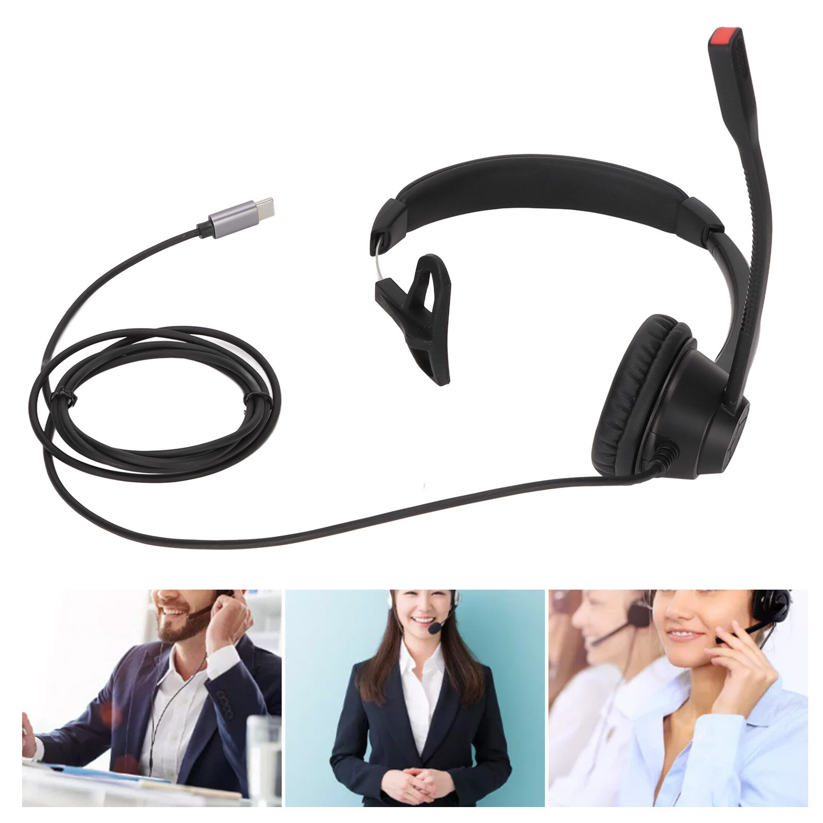 Телефонная гарнитура Monaural H390-TYPE-C черного цвета с микрофоном для колл-центра и телемаркетинга, материал ABS, соединитель TYPE C, в комплект входят 1 шт гарнитура, поддерживает устройства с разъемом TYPE C