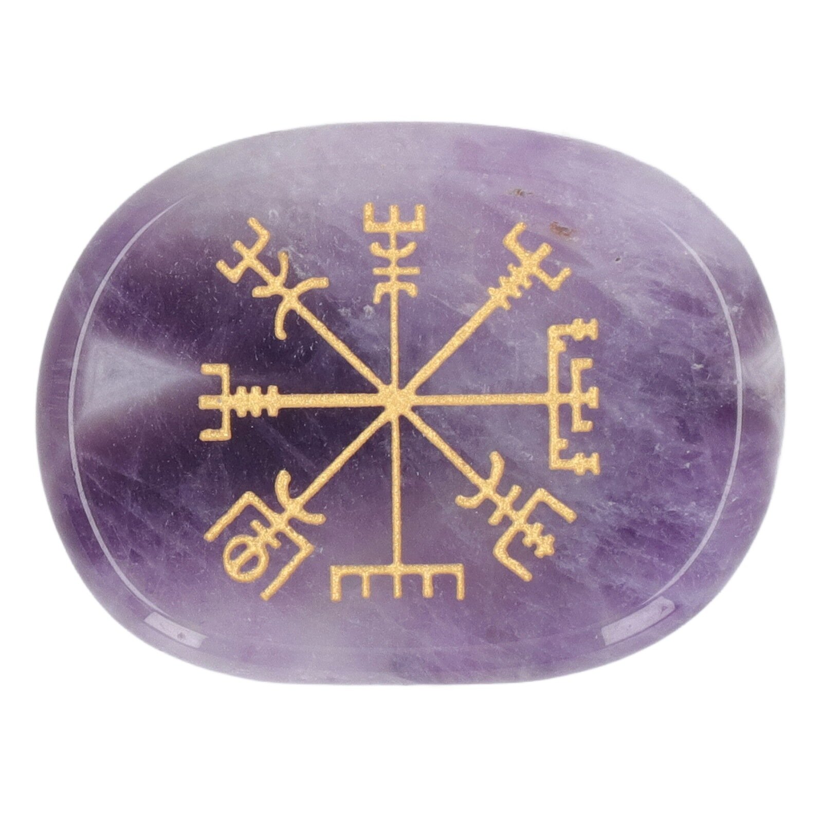 Целебный кристалл с выгравированным символом скандинавских викингов. Плоские овальные камни с символикой для медитации и исцеления, фиолетовые.