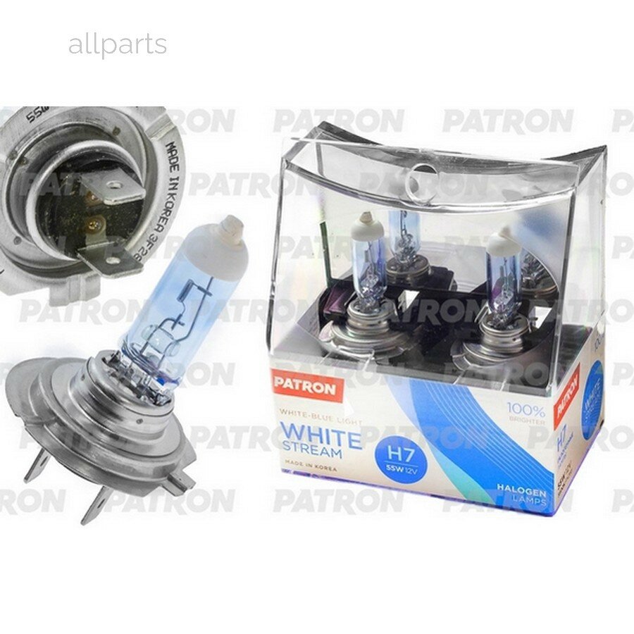 PATRON PLH7-12/55-BSB2 Комплект галогенных ламп коробка 2шт H7 12V 55W 3800K PX26d White Stream (+100% яркости, яркий белый свет, +50м светового потока) Сделано в Корее