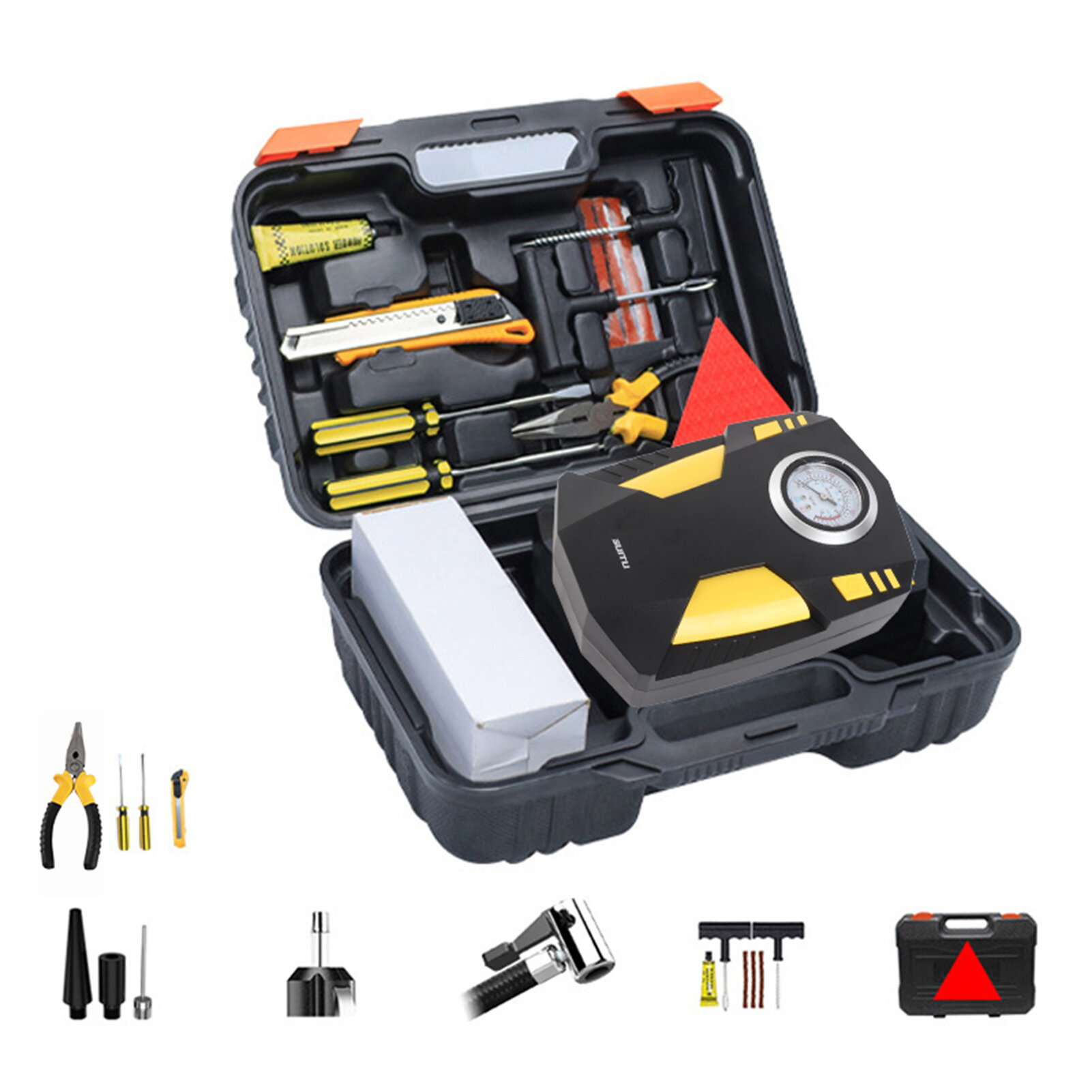 Портативный воздушный компрессор для накачивания шин, работающий от аккумулятора, с 3 насадками, 12 В, автомобильный электрический светодиодный фонарь, подходит для мотоциклов, велосипедов и мячей.