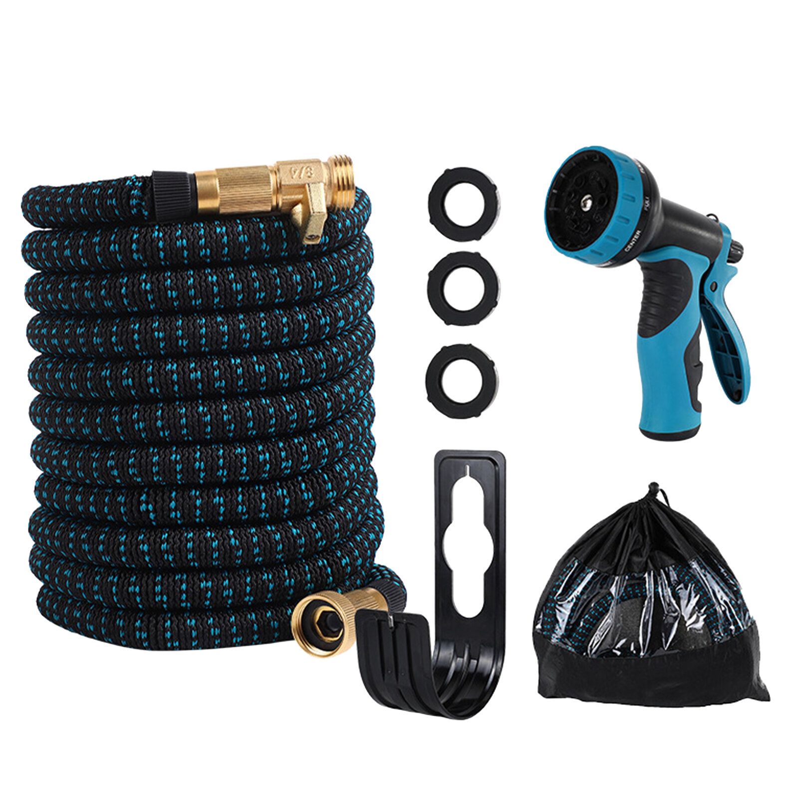 Ростextendable Garden Hose 50ft Black Blue Latex 330D Polyester Material 9 Function Sprayer Nozzle 3/4 inch Pure Copper Fittings Retractable Latex 26*16*11.5cm 1300g 1 Water Hose 1 Nozzle 1 Hose Hanger 1 Bag