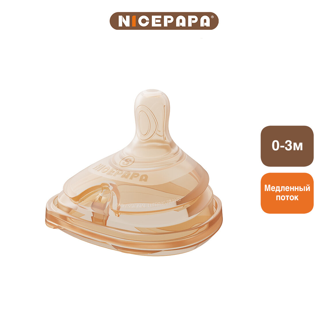 Сменная соска для бутылочки 0-3м (медленный поток) (для бутылок PPSU, Silicone) NICE PAPA