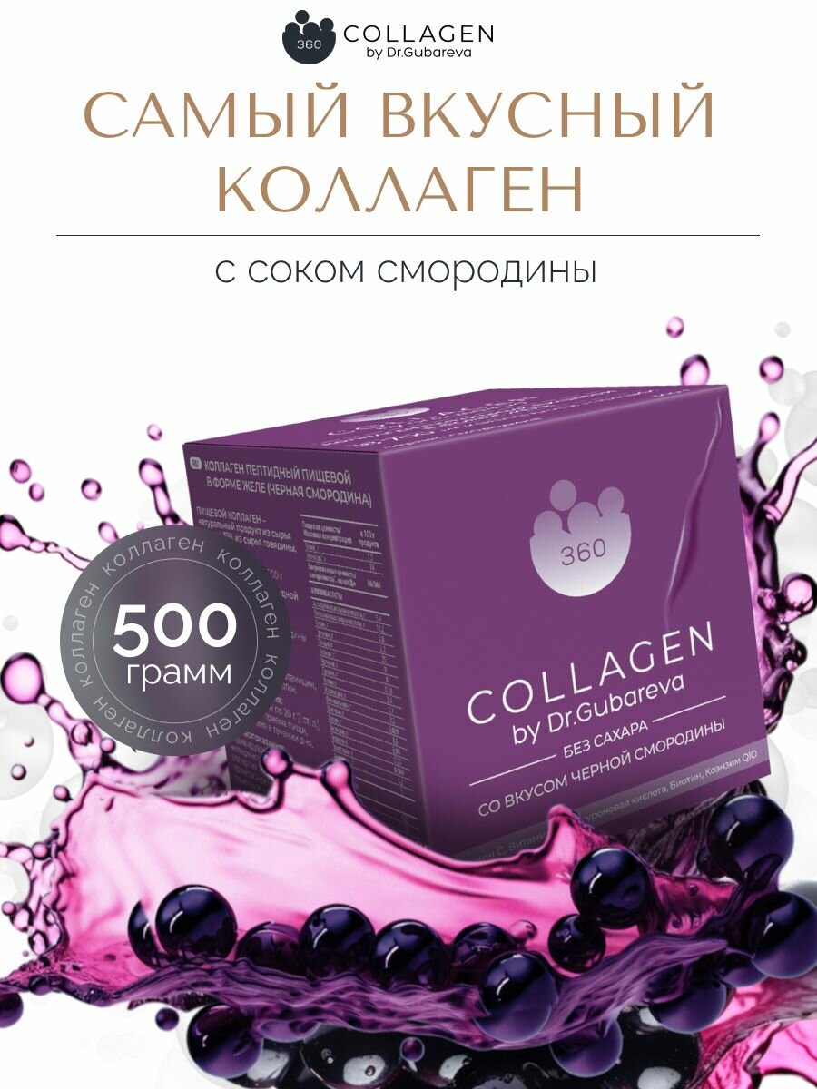 Пептидный коллаген желе со вкусом черной смородины 360 by dr. Gubareva, с гиалуроновой кислотой и витамином С, для кожи, волос, суставов и связок