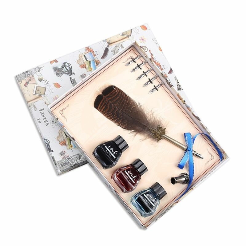 Винтажный набор гусиных ручек, перо, фонтан, чернила для письма, подарочная коробка искусства и ремесел