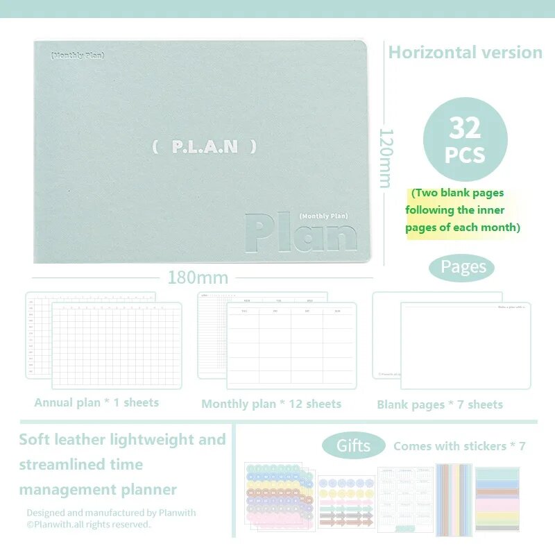 Планировщик Planwith кожаный, Голубой, Horizontal MintGreen