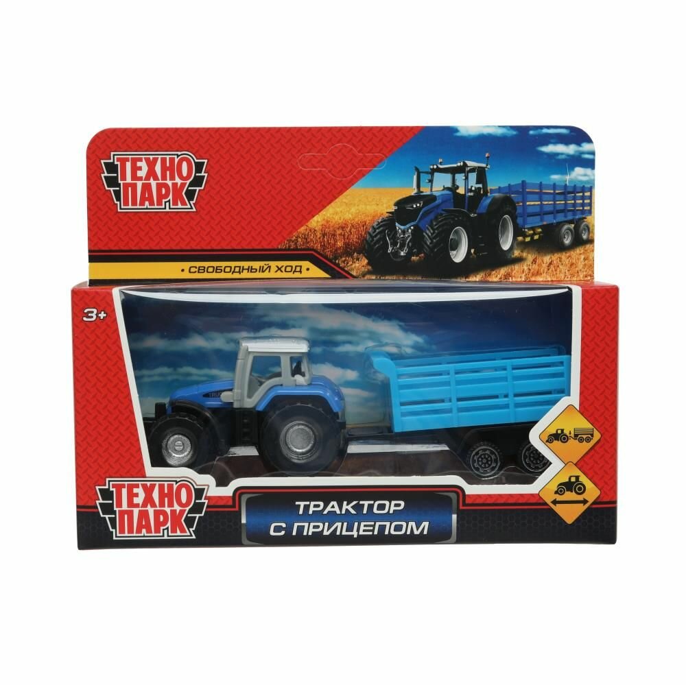 Машина Технопарк "Трактор с прицепом", металл, пластик, длина 16см, от 3 лет, синий